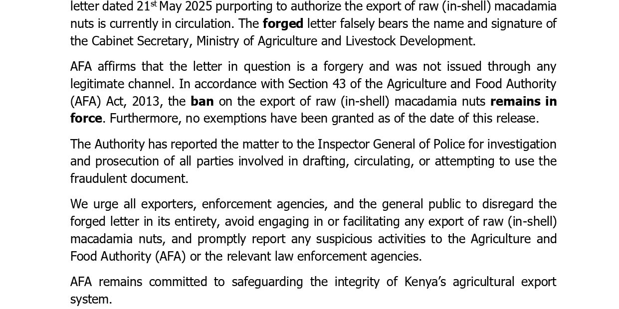 FOR IMMEDIATE RELEASE ; ALERT ON FORGED MACADAMIA EXPORT AUTHORISATION LETTER - AFA